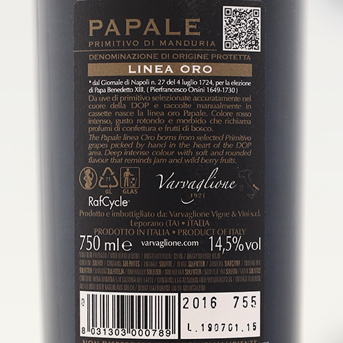 PAPALE LINEA ORO PRIMITIVO DI MANDURIA 2016 (Varvaglione) numai astazi ...